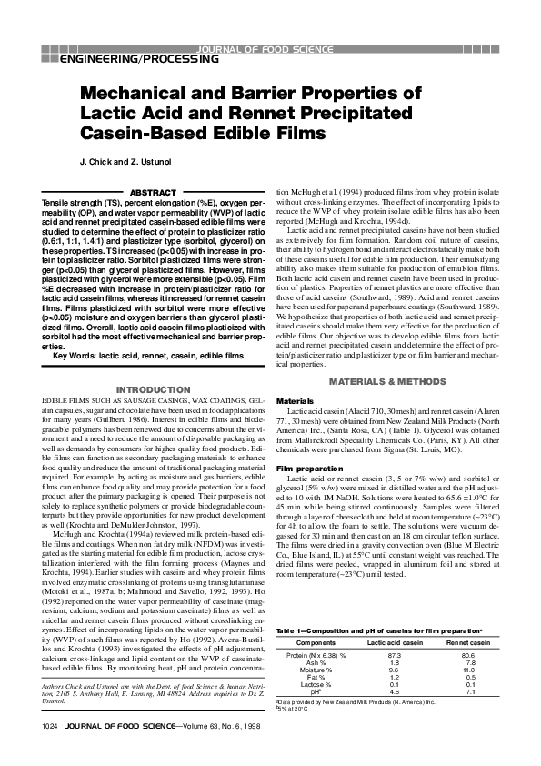 (PDF) Mechanical and Barrier Properties of Lactic Acid and Rennet ...