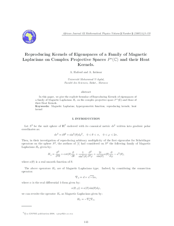 (PDF) Reproducing Kernels of Eigenspaces of a Family of Magnetic Laplacians on Complex ...