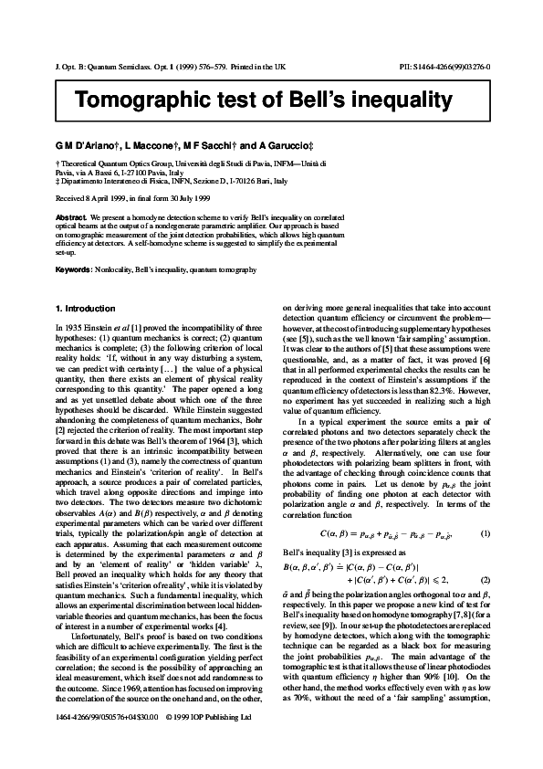 (PDF) Tomographic test of Bell's inequality