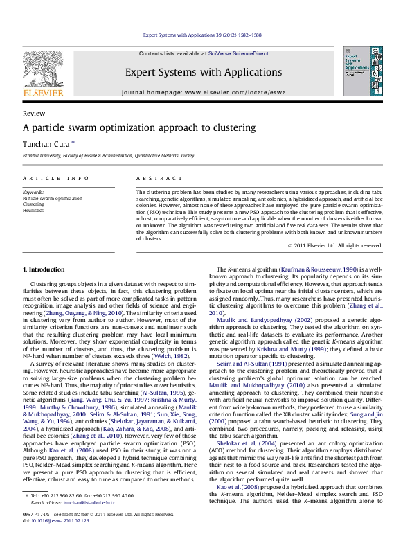 Pdf A Particle Swarm Optimization Approach To Clustering