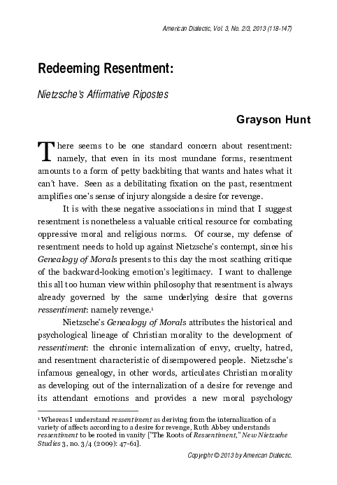 (PDF) Redeeming Resentment: Nietzsche's Affirmative Ripostes