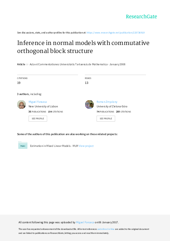 (PDF) Inference in normal models with commutative orthogonal block structure