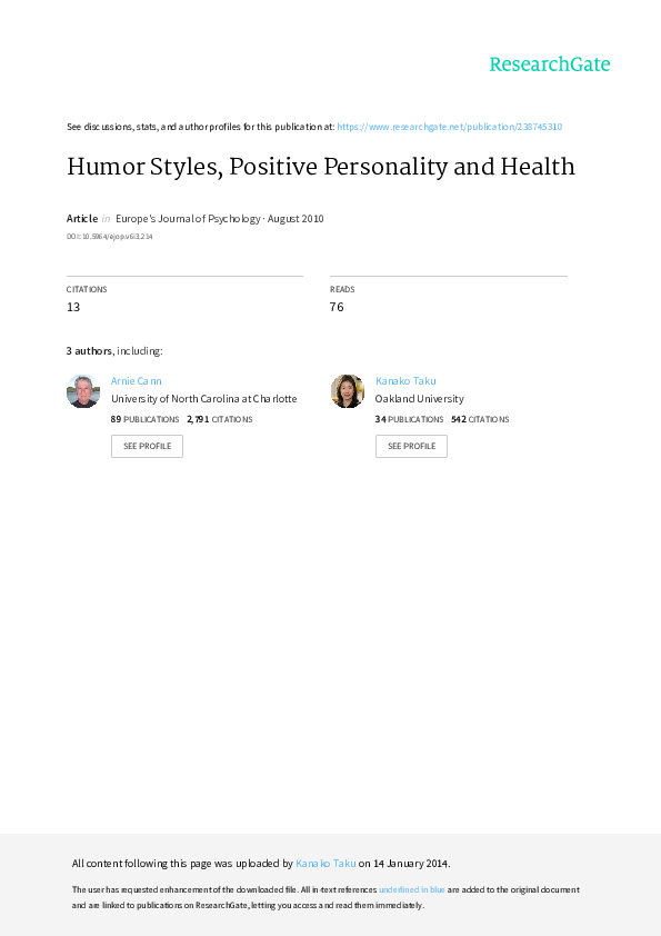 (PDF) Humor Styles, Positive Personality and Health