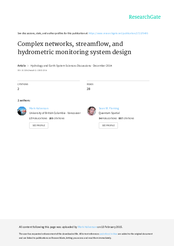 Pdf Complex Networks Streamflow And Hydrometric Monitoring System Design