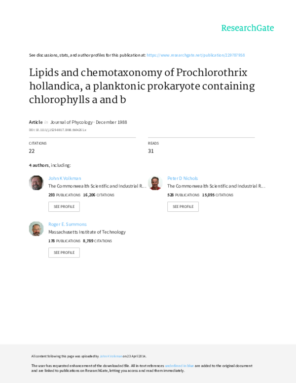 (PDF) LIPIDS ANDCHEMOTAXONOMY OF PROCHLOROTHRIX HOLLANDICA, A ...