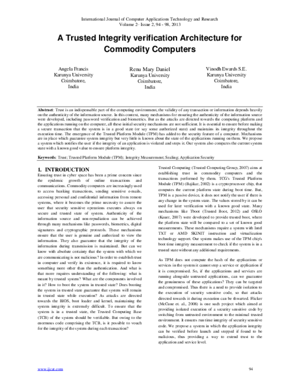 (PDF) A Trusted Integrity verification Architecture for Commodity Computers