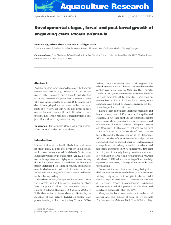 (PDF) Developmental stages, larval and post‐larval growth of angelwing clam Pholas orientalis