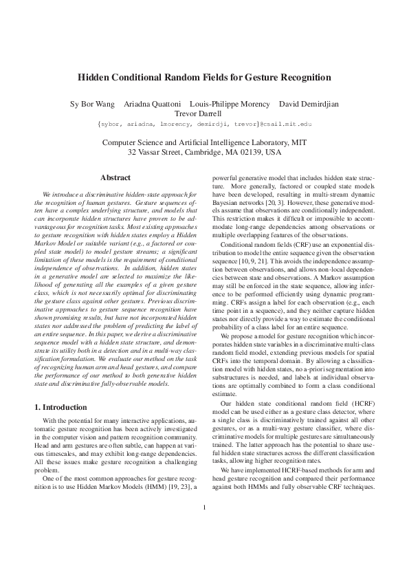 (PDF) Hidden conditional random fields for gesture recognition