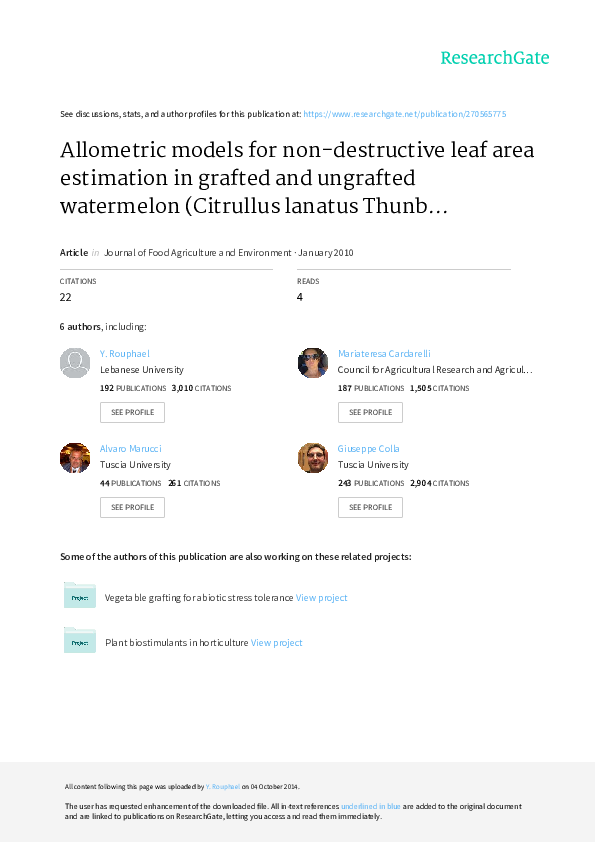 (PDF) Allometric models for non-destructive leaf area estimation in grafted and ungrafted ...