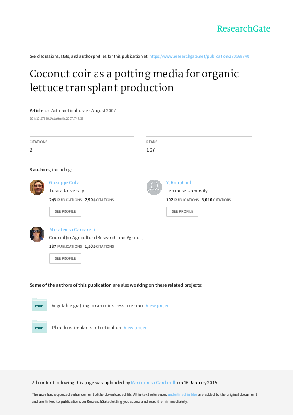 (PDF) Coconut Coir as a Potting Media for Organic Lettuce Transplant Production | Giuseppe Colla ...