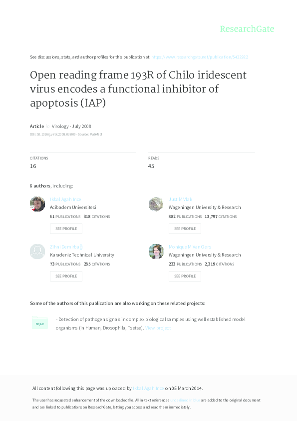 (PDF) Open reading frame 193R of Chilo iridescent virus encodes a ...