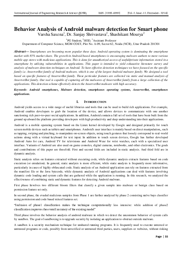 (PDF) Behavior Analysis of Android malware detection for Smart phone