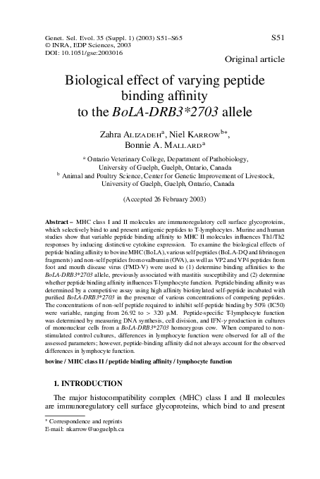 (PDF) Biological Effect of Varying Peptide Binding Affinity to BoLA ...