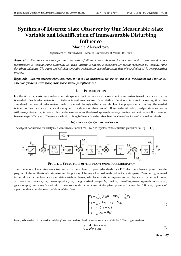 (PDF) Synthesis of Discrete State Observer by One Measurable State Variable and Identification ...