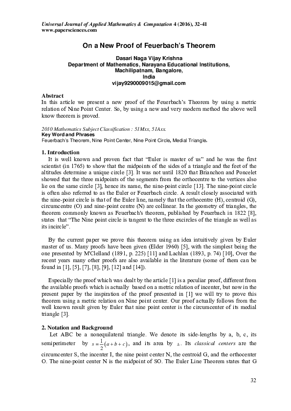 (PDF) On a New Proof of Feuerbach's Theorem | Dasari Naga Vijay Krishna ...