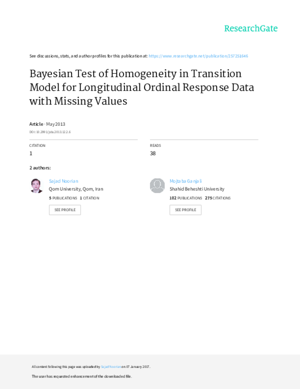 Pdf Bayesian Test Of Homogeneity In Transition Model For Longitudinal Ordinal Response Data
