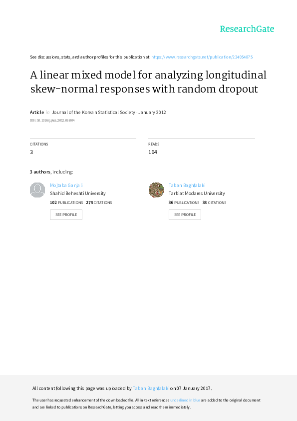(PDF) A linear mixed model for analyzing longitudinal skew-normal responses with random dropout