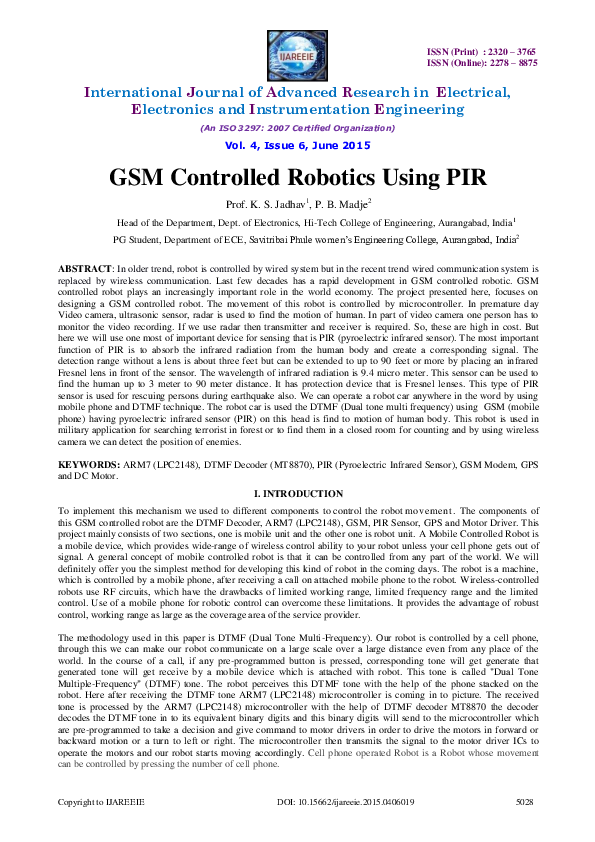 (PDF) GSM Controlled Robotics Using PIR