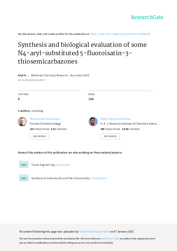 (PDF) Synthesis and biological evaluation of some N 4-substituted 5-nitroisatin-3-thiosemicarbazones