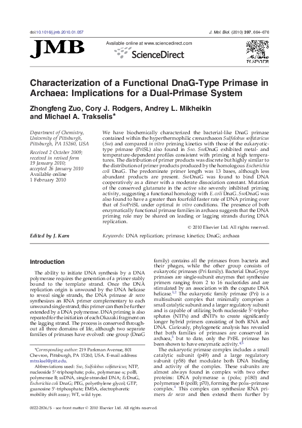 (PDF) Characterization of a functional DnaG-type primase in archaea ...