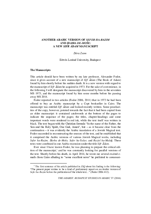 (PDF) ANOTHER ARABIC VERSION OF SEFER HA-RAZIM AND ḤARBA DE-MOŠE: A NEW ...