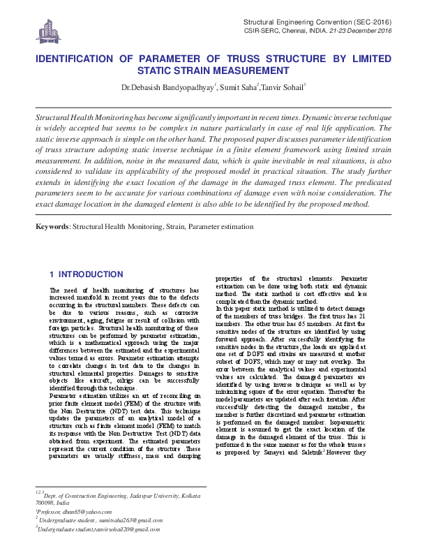 (PDF) IDENTIFICATION OF PARAMETER OF TRUSS STRUCTURE BY LIMITED STATIC STRAIN MEASUREMENT