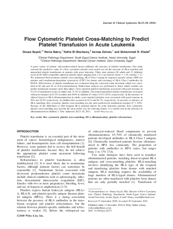 (PDF) Flow cytometric platelet cross‐matching to predict platelet ...