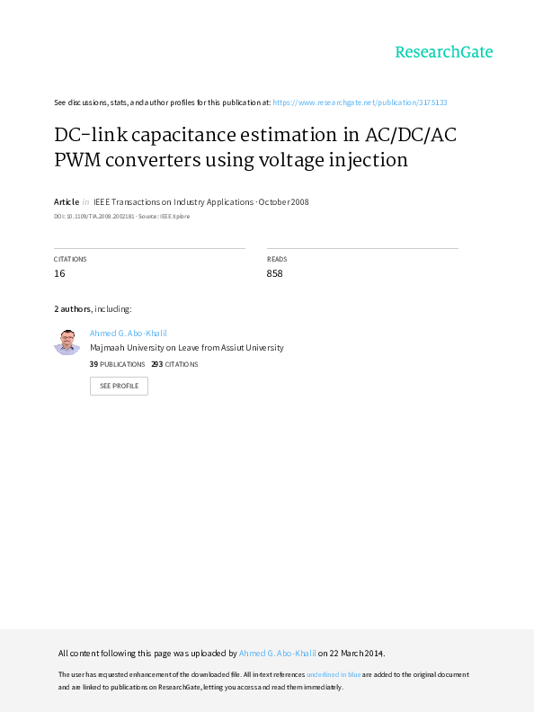 (PDF) DC-Link Capacitance Estimation in AC/DC/AC PWM Converters Using Voltage Injection