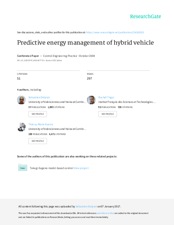(PDF) Predictive energy management of hybrid vehicle