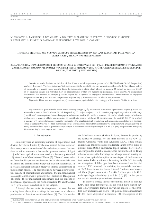 (PDF) INTERNAL FRICTION AND YOUNG’S MODULUS MEASUREMENTS ON SiO2 AND ...