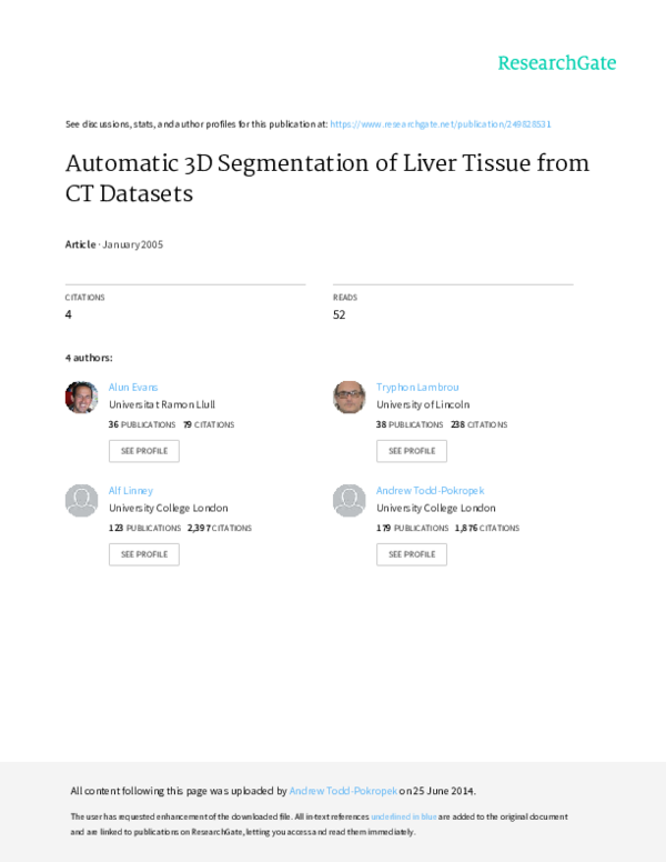 (PDF) Automatic 3D Segmentation of Liver Tissue from CT Datasets