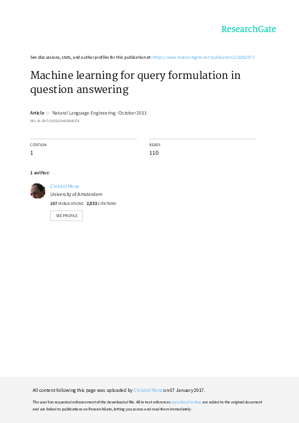 (PDF) Machine learning for query formulation in question answering