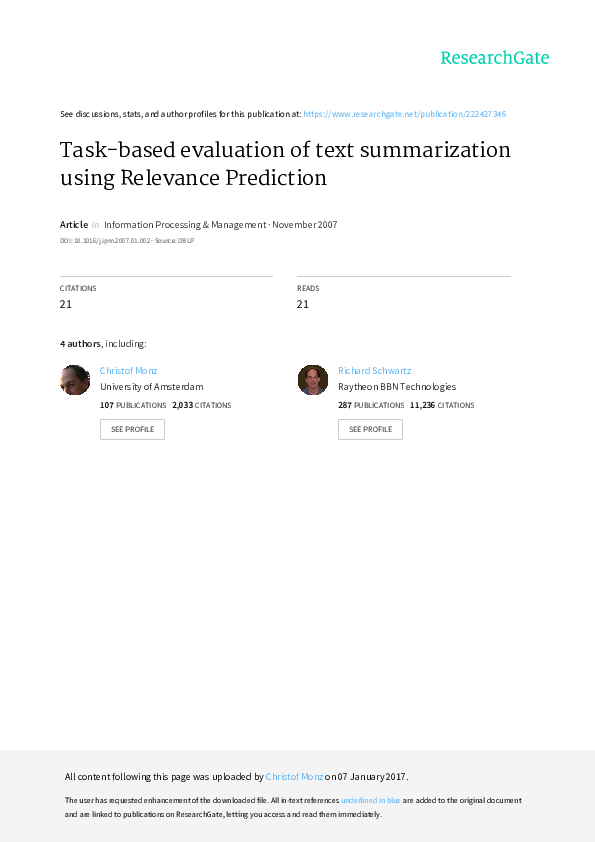 (PDF) Task-based evaluation of text summarization using Relevance Prediction