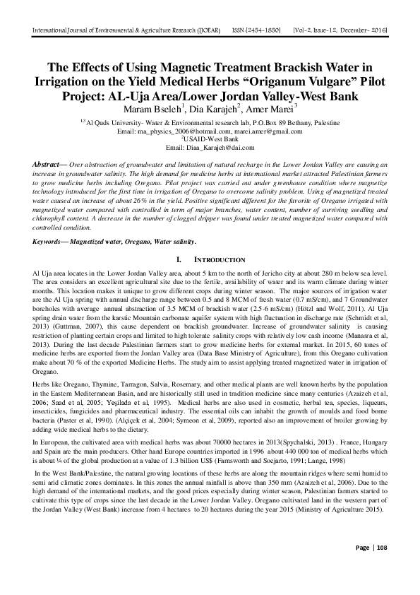 (PDF) The Effects of Using Magnetic Treatment Brackish Water in Irrigation on the Yield Medical ...