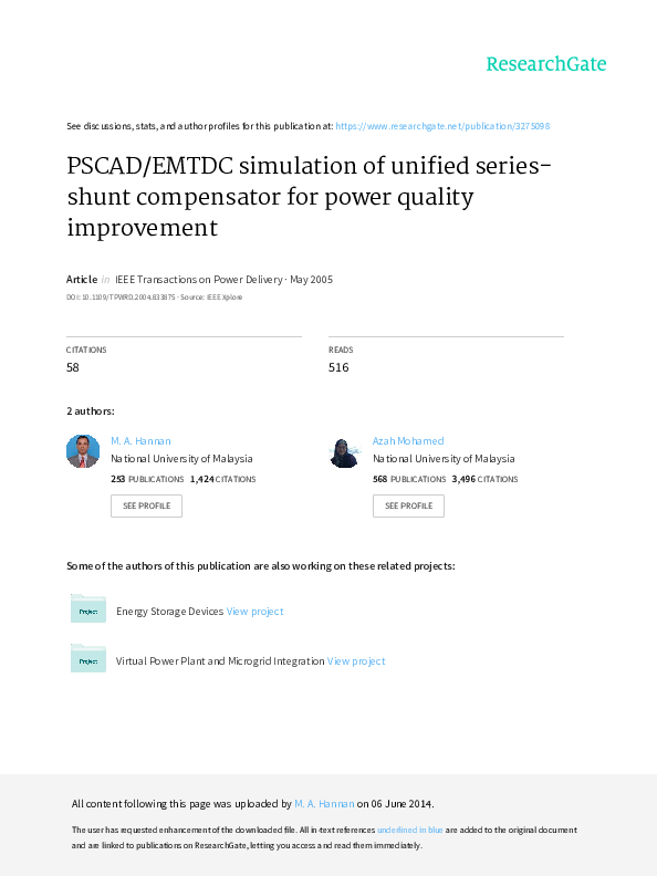 (PDF) PSCAD/EMTDC simulation of unified series-shunt compensator for power quality improvement