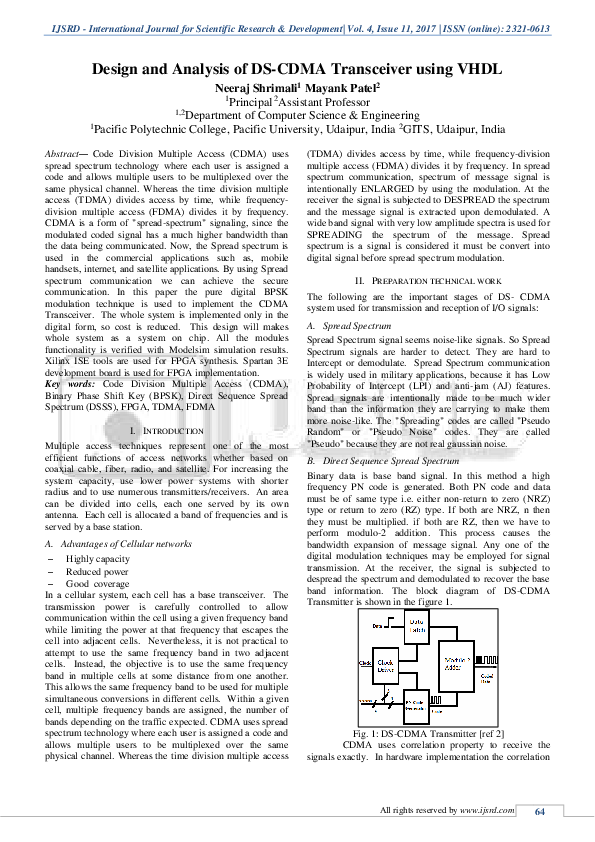 (PDF) Design and Analysis of DS-CDMA Transceiver using VHDL