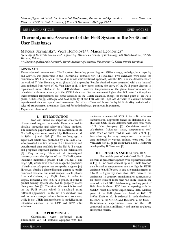 (PDF) Thermodynamic Assessment of the Fe-B System in the Ssol5 and User Databases
