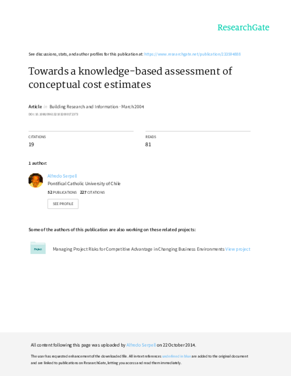 (PDF) Towards a knowledge-based assessment of conceptual cost estimates