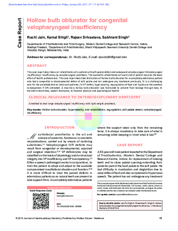 (PDF) Hollow bulb obturator for congenital velopharyngeal insufficiency ...