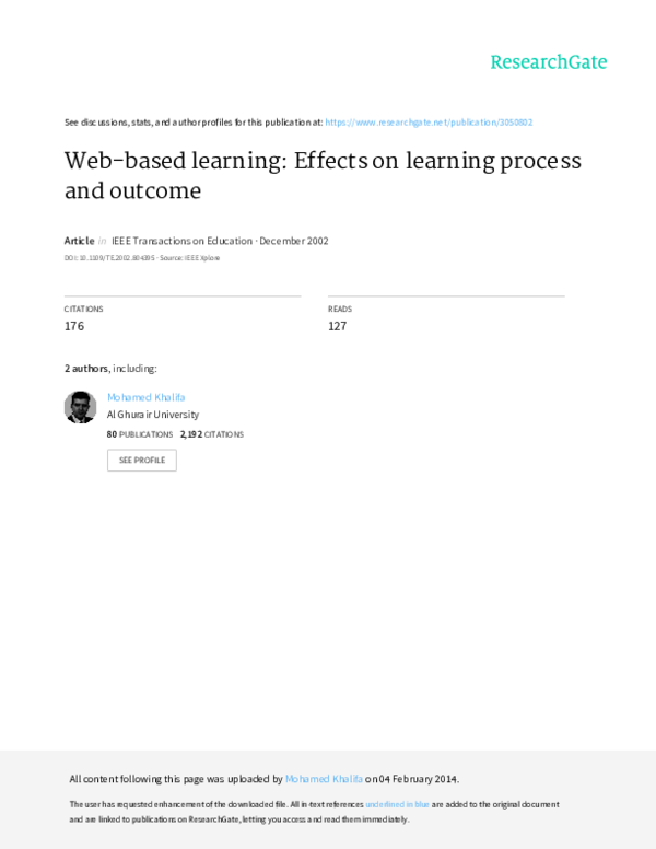 (PDF) Web-based learning: effects on learning process and outcome