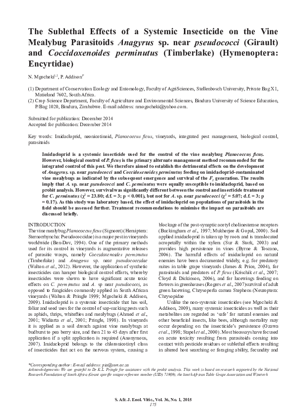 (PDF) The Sublethal Effects of a Systemic Insecticide on the Vine Mealybug Parasitoids Anagyrus ...