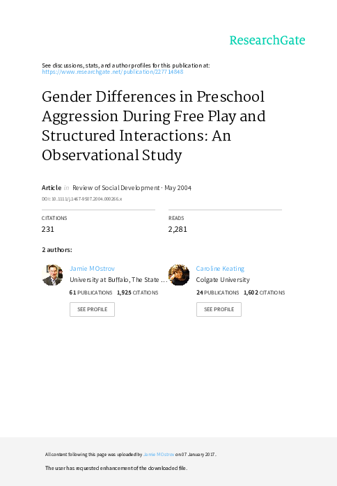 (PDF) Gender differences in preschool aggression during free play and ...