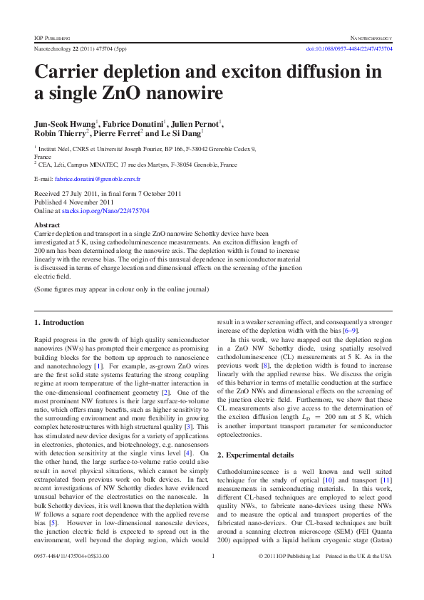(PDF) Carrier depletion and exciton diffusion in a single ZnO nanowire