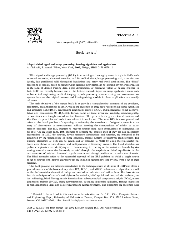 Pdf Adaptive Blind Signal And Image Processing Learning Algorithms And Applications
