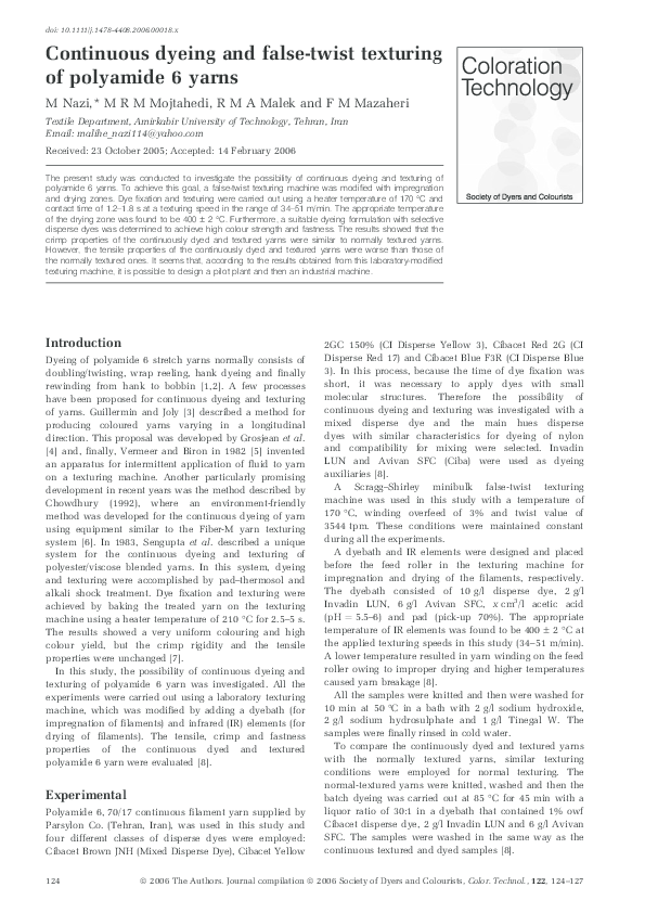 (PDF) Continuous dyeing and false-twist texturing of polyamide 6 yarns
