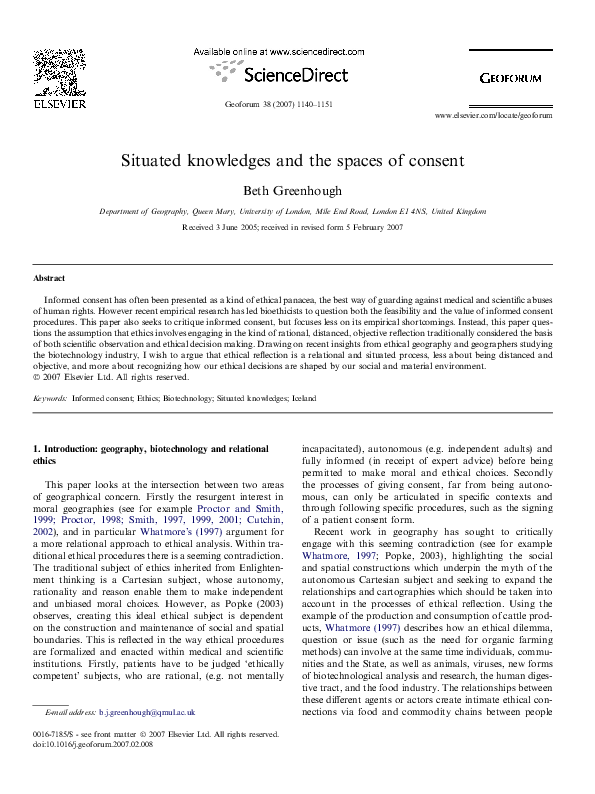 (PDF) Situated knowledges and the spaces of consent