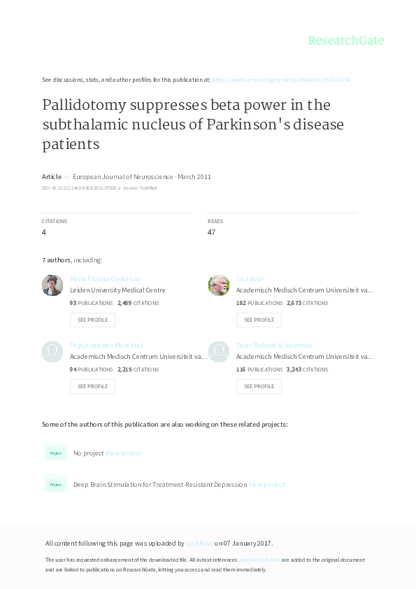 (PDF) Pallidotomy suppresses beta power in the subthalamic nucleus of ...
