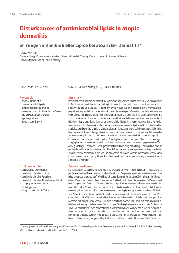 (PDF) Disturbances of antimicrobial lipids in atopic dermatitis