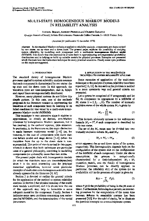 (PDF) Multistate homogeneous Markov models in reliability analysis