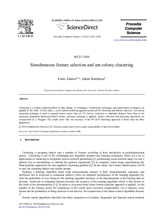 Pdf Simultaneous Feature Selection And Ant Colony Clustering